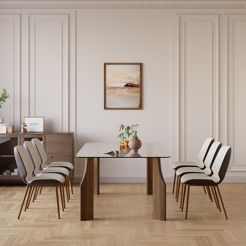 71" Rectangle Glass Dining Table for 8 Person Walnut Solid Wood 4-Legs ...
