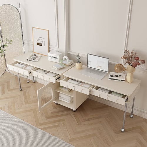 94" Two Person Double Computer Desk Modern Off White & Silver Office ...