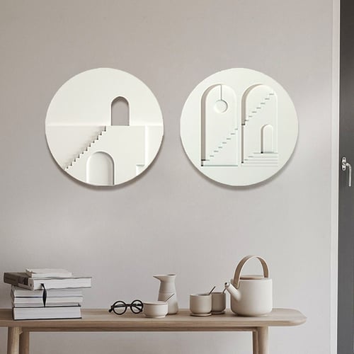 2 Pieces Minimalist White Round Abstract Geometric Wooden Wall Decor ...