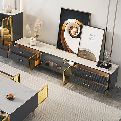 Cofab 2000mm TV Stand with Drawers & Shelves Deep Blue Media Console ...
