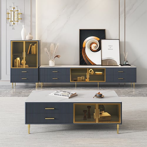 Cofab 78.7" TV Stand with Drawers & Shelves Deep Blue Media Console ...