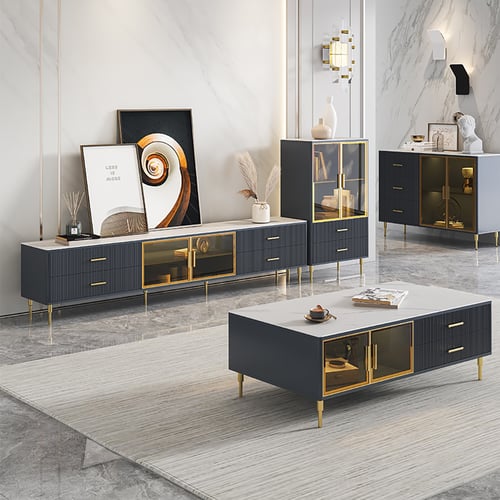 Cofab 78.7" TV Stand with Drawers & Shelves Deep Blue Media Console ...