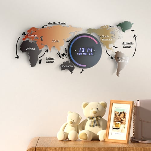 Modern Large Multifunctional World Map Wall Clock Decor With LED ...