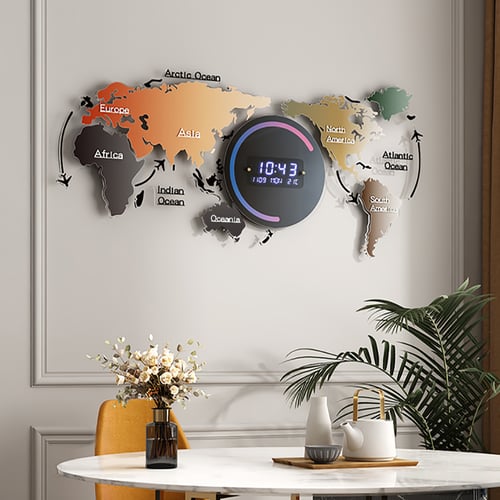Modern Large Multifunctional World Map Wall Clock Decor With LED ...