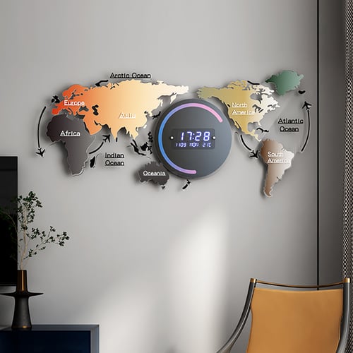 Modern Large Multifunctional World Map Wall Clock Decor With LED ...