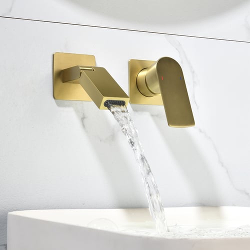 Brushed Gold Waterfall Bathroom Basin Tap with Swirling Spout Wall ...