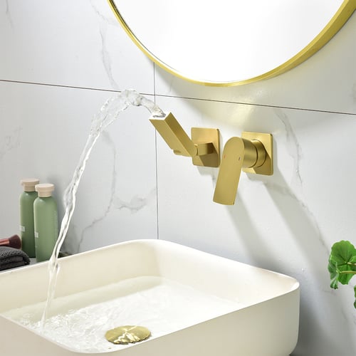 Brushed Gold Waterfall Bathroom Basin Tap with Swirling Spout Wall ...