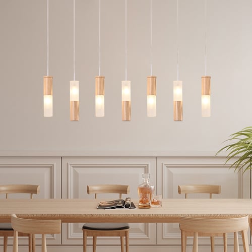 7-Light Wooden Pendant Kitchen Island Light Modern LED Tube Light with ...