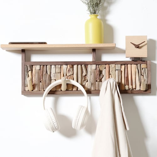 Rustic Tree Branch Wall Mounted Coat Rack Wood Hanging Rack with Clock ...