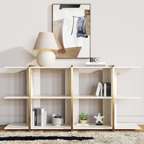 72" Long Low Bookshelf 2-Shelf Open Horizontal Bookcase White & Gold ...