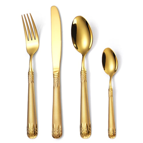 Luxury Gold Unique Flatware Set for 12 Embossed Stainless Steel Kitchen ...
