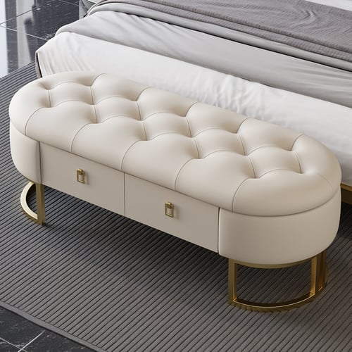 Modern Beige Bedroom Storage Tufted Bench with 2 Drawers in Leather ...