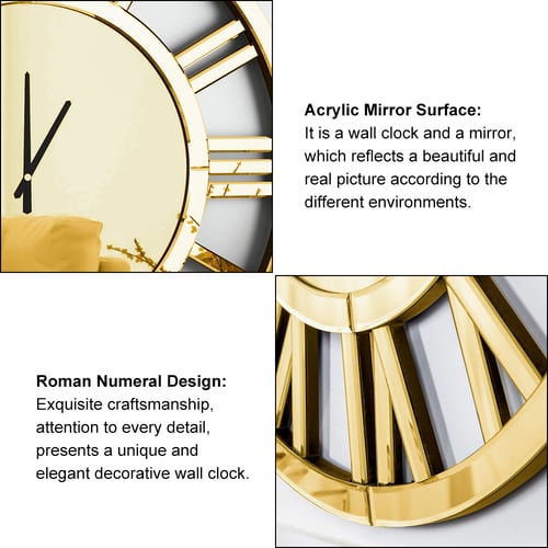 23" Large Round Roman Numeral Silent Wall Clock Modern Acrylic Mirror ...