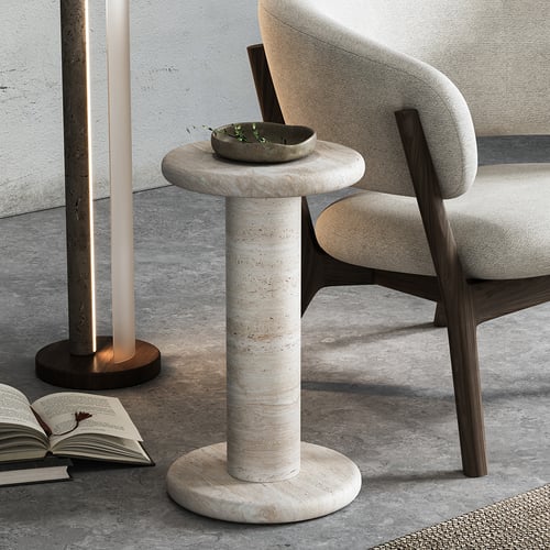 Beige Round Travertine Side Table 12.6" Modern End Table | Homary