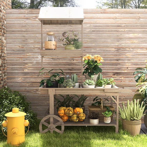 Natural Solid Wood Garden Cart Display Plant Stand Potting Bench | Homary