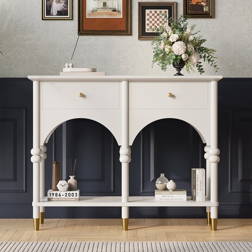 39.4" Modern Farmhouse Console Table Wooden White Entryway Table with 2 ...
