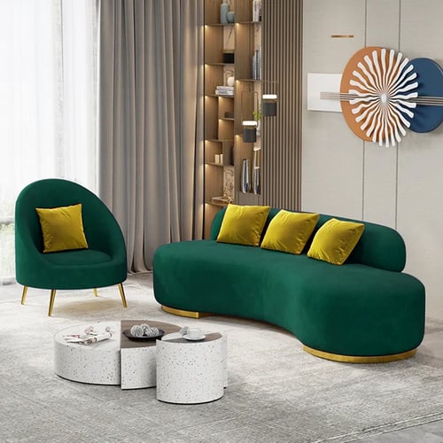 Green Velvet Upholstered Curved Sofa Living Room Set of 3 With Pillows ...