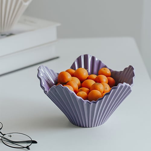 Set of 2 Ceramic Origami Fruit Bowls Decor Plates in White & Purple ...