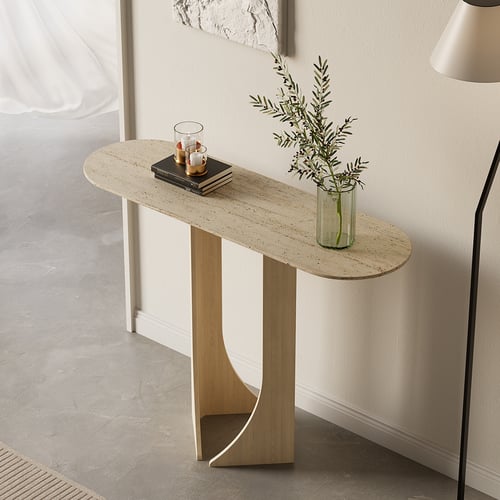 39.4" Oval Travertine Stone Console Table Modern Entryway Table with ...