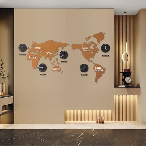 98.4" Modern World Map Wall Clock Decor Large Unique Wooden Global Time ...