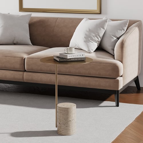 Beige Modern Stone Travertine Side Table with Stainless Steel in Gold ...