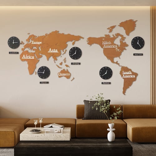 98.4" Modern World Map Wall Clock Decor Large Unique Wooden Global Time ...
