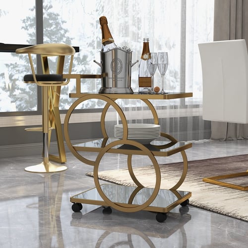 Modern Rolling 3-Tier Bar Cart on Wheel with Handle in Black & Brushed ...