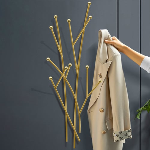 Modern 11-Hook Wall Mounted Coat Rack in Gold with Tree Branch Shape ...
