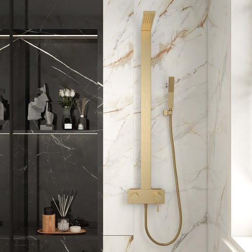 Exposed Brushed Gold Wall-Mount Rain Shower Set with Hand Shower ...