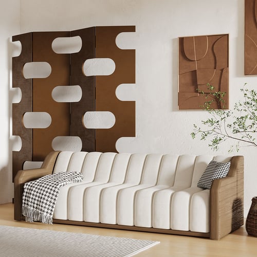 94.5" Modern White 3 Seater Fluted Velvet Upholstered Sofa Walnut ...