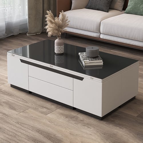 Modern White Lift Top Glass Coffee Table with Drawers & Storage ...