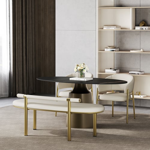 Curvice Off-White Curved Dining Bench with Back Faux Leather Stainless ...