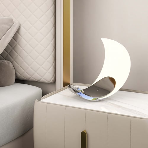 White Half-Moon Warm Light Table Lamp with Adjustable Brightness Metal ...