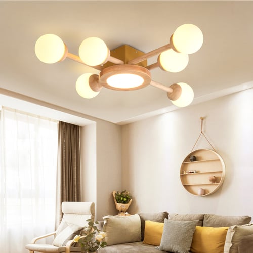 Nordic 7-Light Wooden LED Flush Mount Ceiling Light with White Glass ...