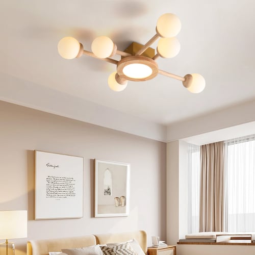 Nordic 7-Light Wooden LED Flush Mount Ceiling Light with White Glass ...