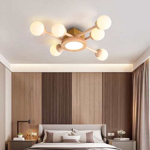 Nordic 7-Light Wooden LED Flush Mount Ceiling Light with White Glass ...