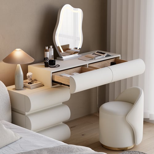 Humply Modern White Makeup Vanity Set PU Leather Dressing Table with ...