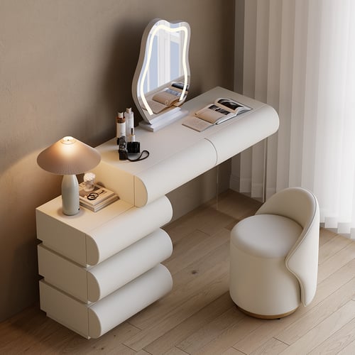 Humply Modern White Makeup Vanity Set PU Leather Dressing Table with ...