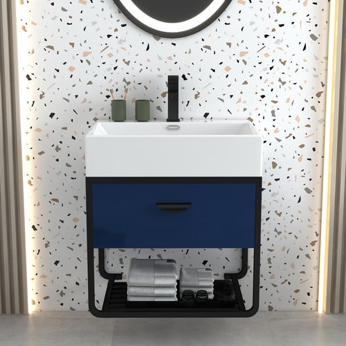 23.6" Blue Floating Bathroom Vanity Single Ceramic Undermount 1 Drawer ...