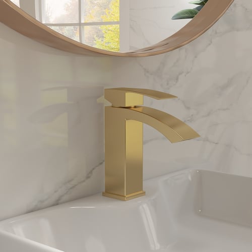 Ridge Contemporary Style Brushed Gold Single Hole Deck Mounted Bathroom Sink Faucet | Homary UK