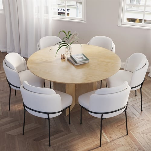 59" Modern Round Dining Table for 8 Natural Solid Wood Tabletop ...