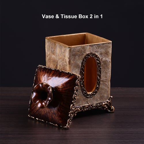 Shellium Resin & Shell Brown Tissue Box with Vase & Fake Flower ...