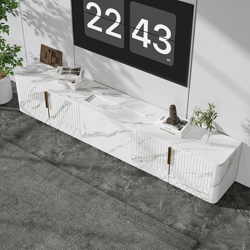 91.7" Wood Low TV Stand for Projector Marble Grain Media Console with 4 ...