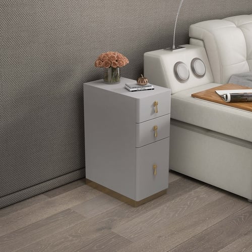Modern Gray 3-Drawer Nightstand Narrow Bedside Table with Faux Leather ...