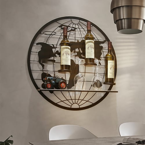 Wall World Map Metal Wine Rack with Wood Shelf Wall Mounted Wine Rack ...