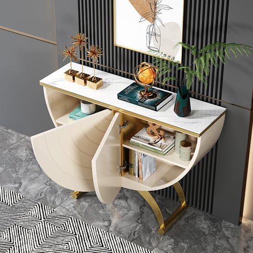 Modern Gold Console Table Sintered Stone Top Entryway Storage Cabinet ...
