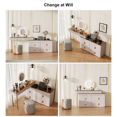 Chanor Modern Champagne Dresser Vanity Set Extendable Desk Vanity Combo ...