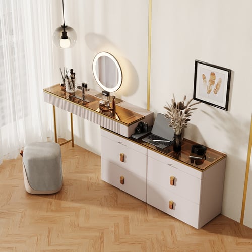 Chanor Modern Champagne Dresser Vanity Set Extendable Desk Vanity Combo ...