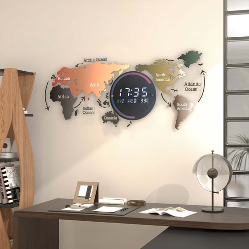 Modern Large Multifunctional World Map Wall Clock Decor With LED ...