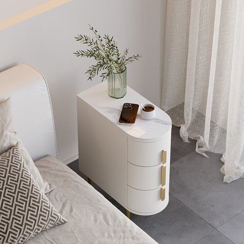 Modern Off-White Narrow 3 Drawer Nightstand Sintered Stone Top Bedside ...